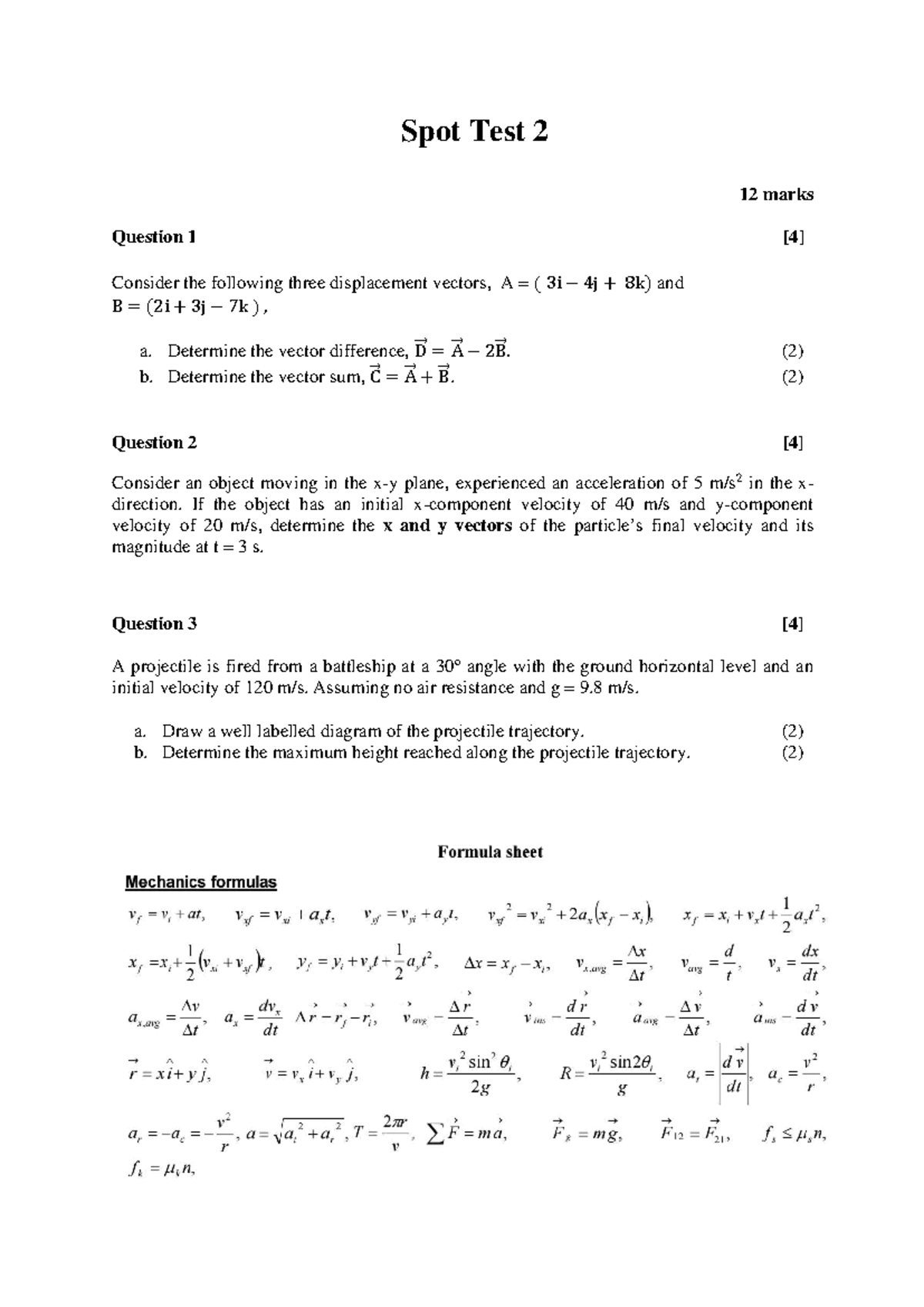 Spot Test 2: Physics Practice on Vectors and Projectile Motion - Studocu