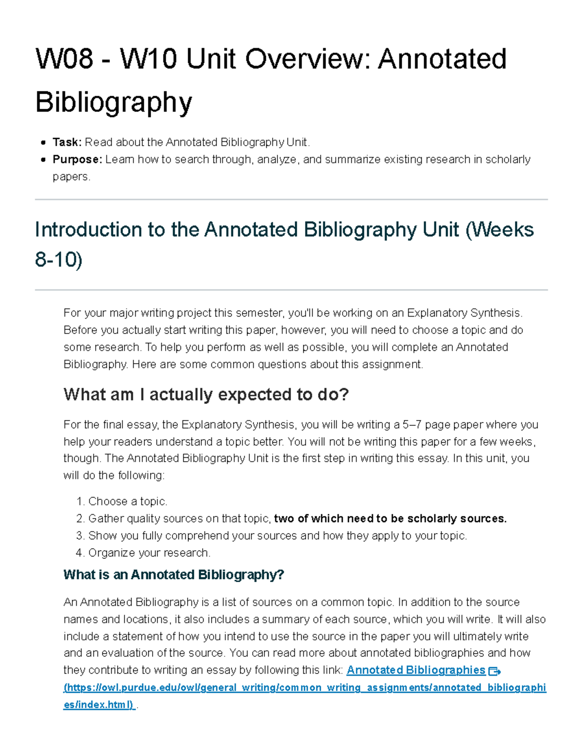 W08 - W10 Annotated Bibliography Unit Overview & Research Guide - Studocu