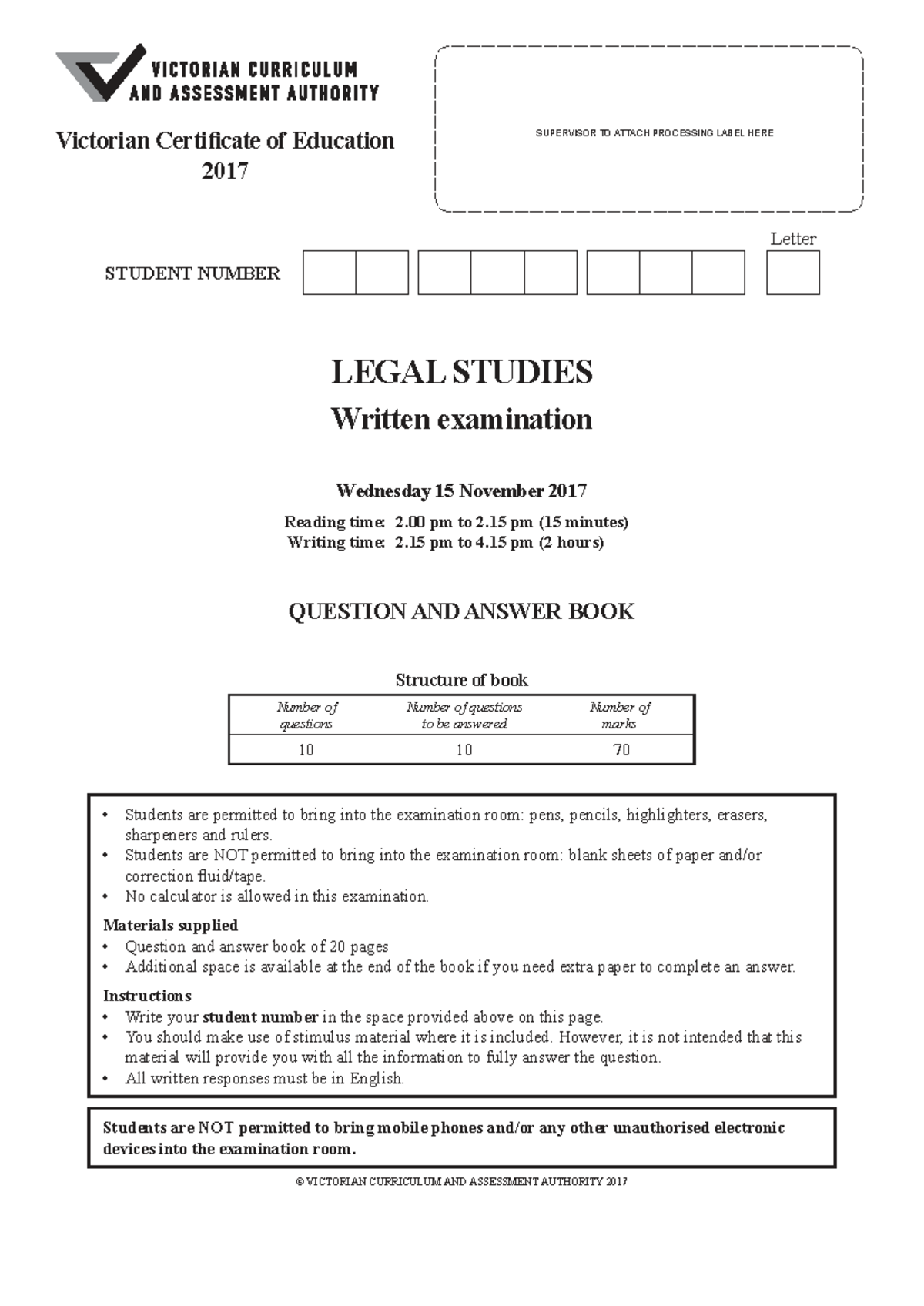 2017 VCE Legal Studies Written Exam: Question & Answer Book - Studocu