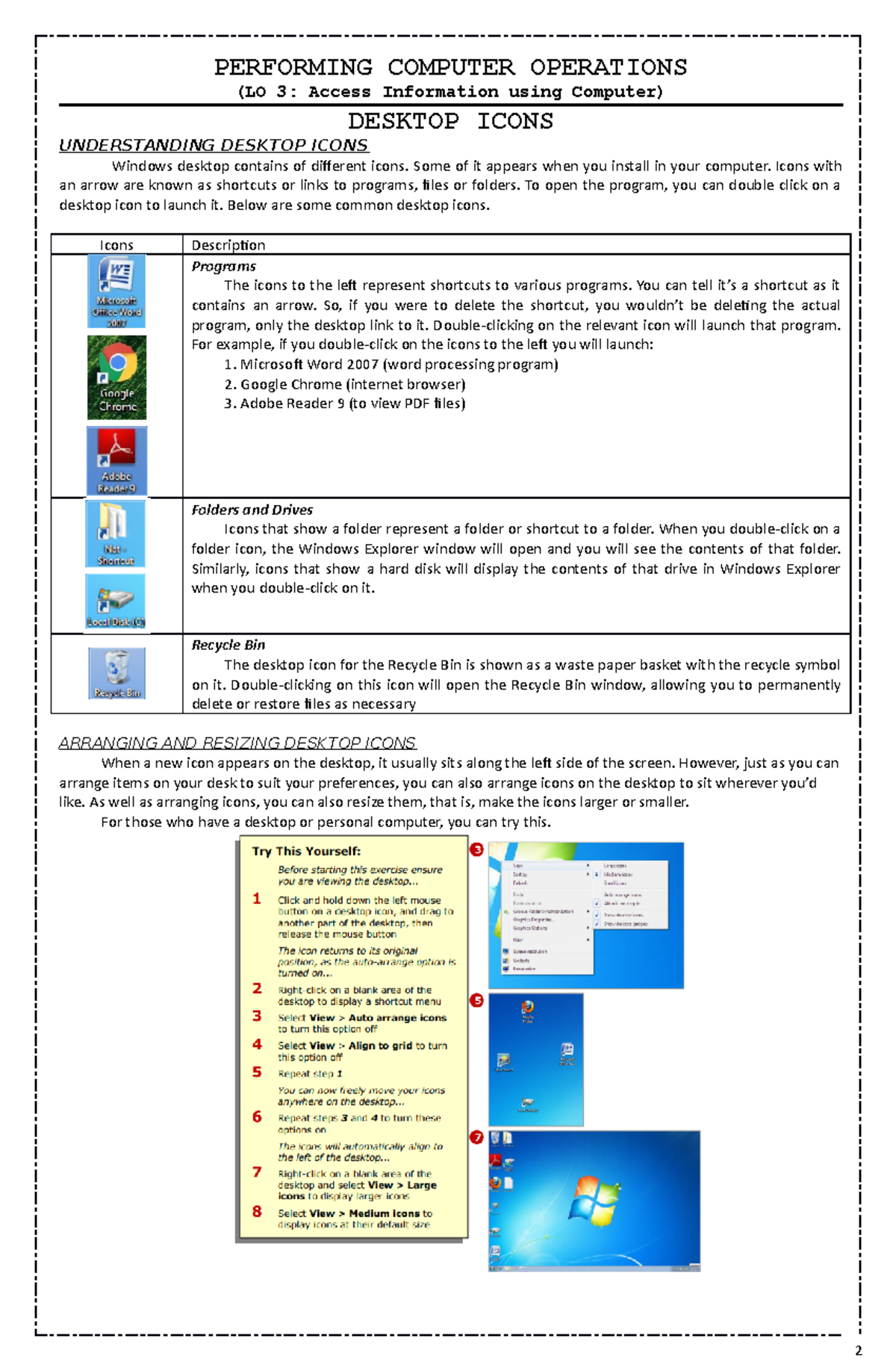 Desktop Icon - Grade 11 and 12 - PERFORMING COMPUTER OPERATIONS (LO 3: Access Information using ...