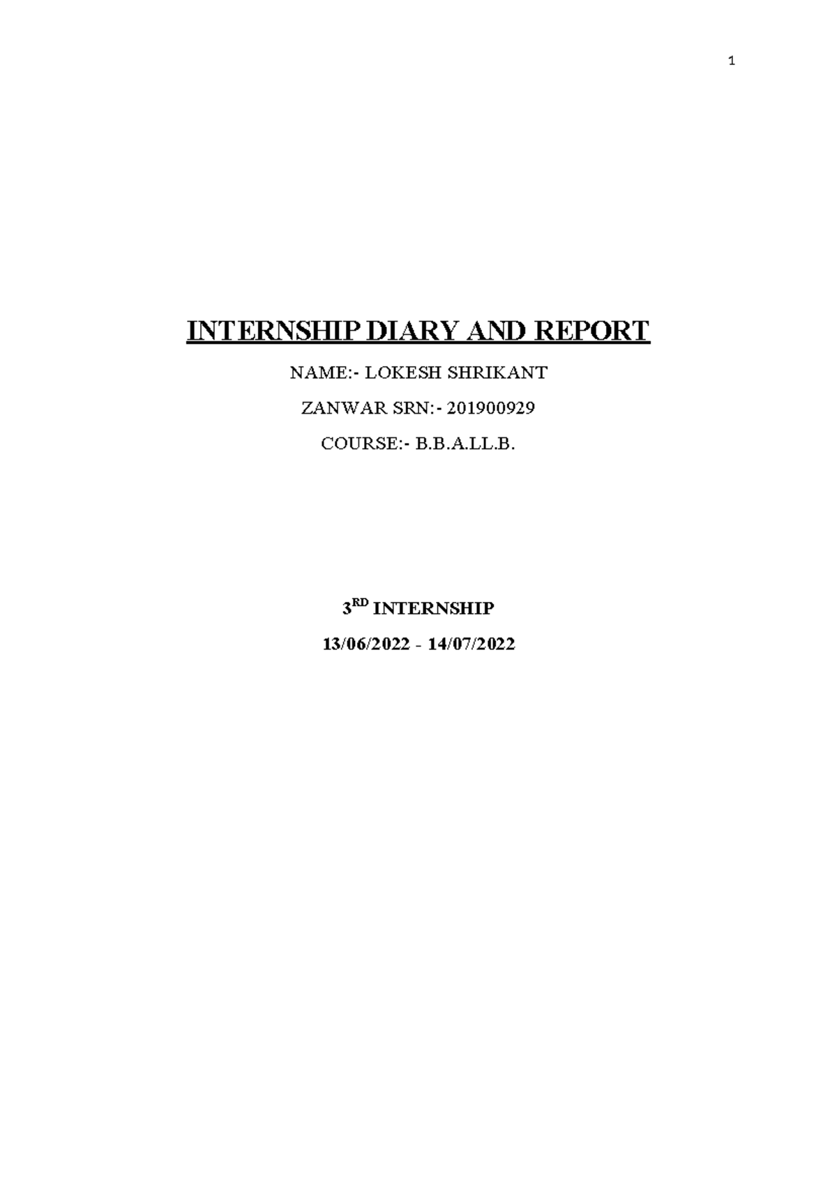 B.B.A.LL. 3rd Internship Report by Lokesh Shrikant Zanwar - Studocu