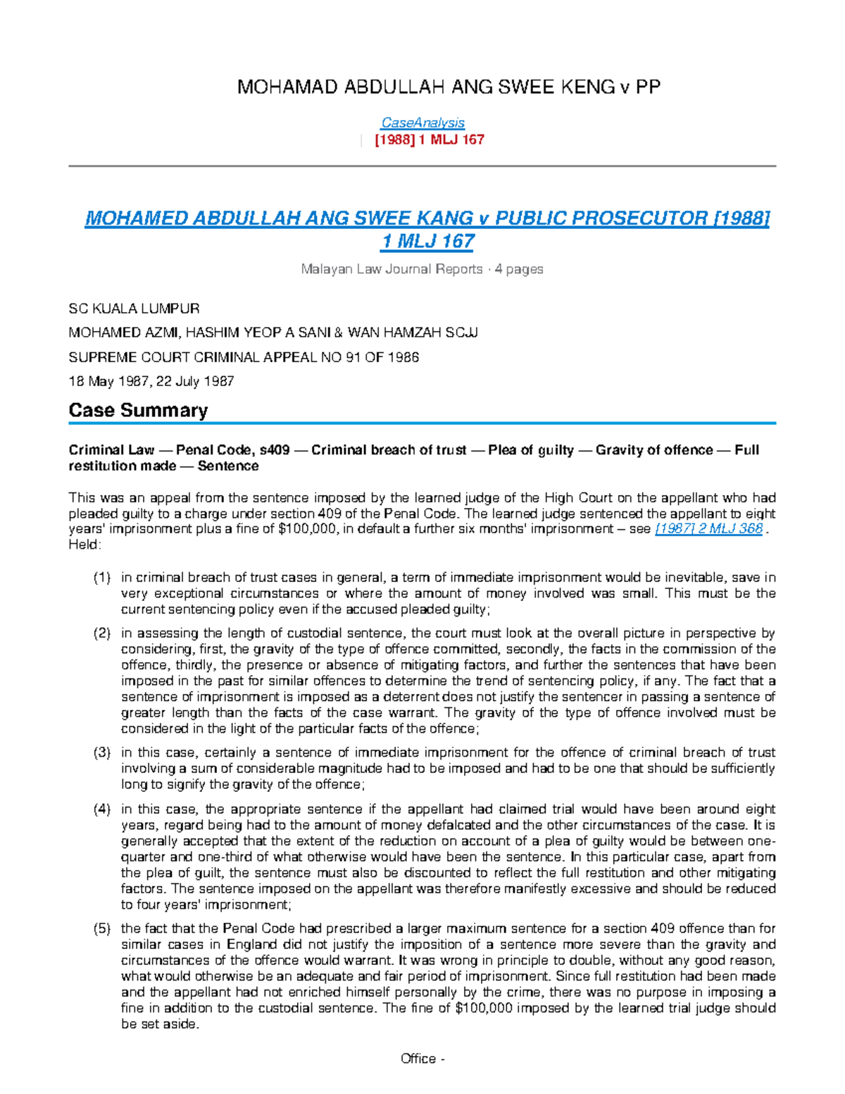 Case Analysis: Mohamed Abdullah ANG SWEE KANG v. Public Prosecutor ...
