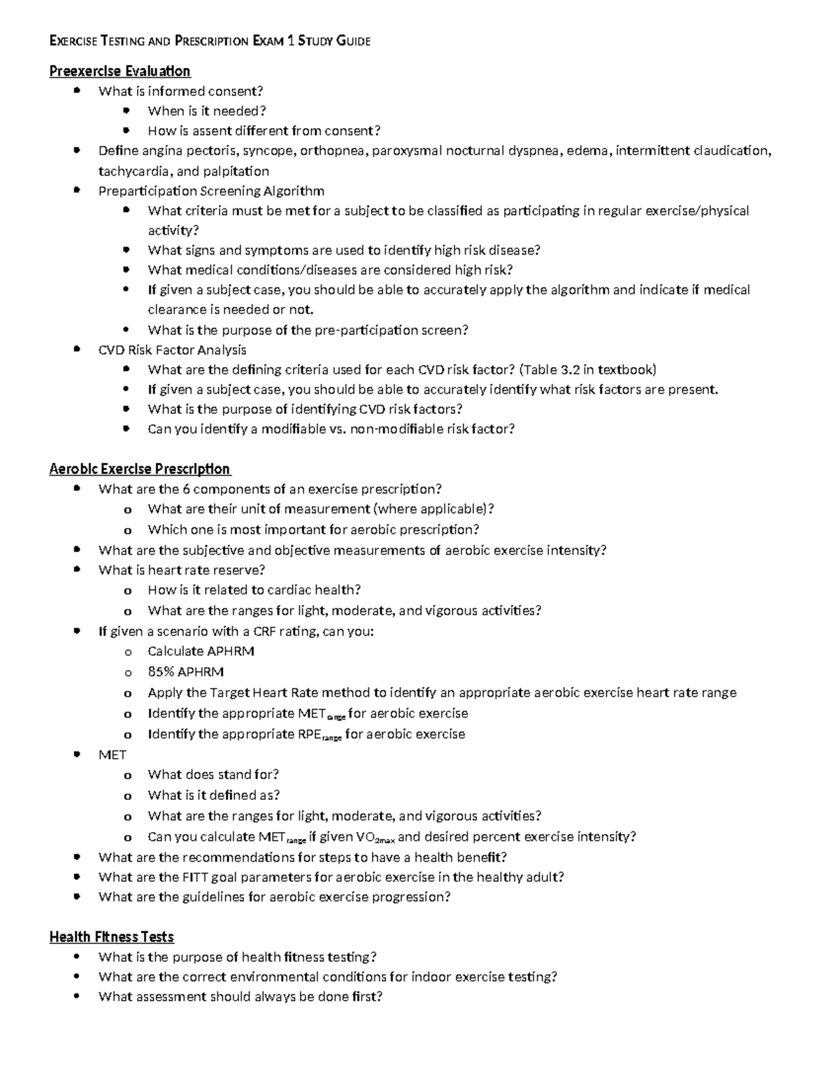 Exercise Testing & Prescription Exam 1 Study Guide (EXS 101) - Studocu