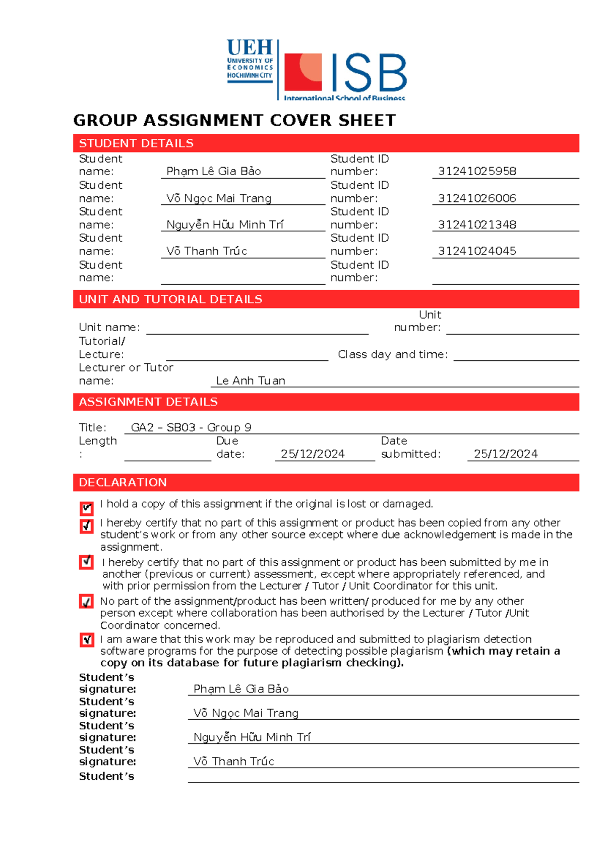 GA1 - SB03 - Group 9 - GA1 - GROUP ASSIGNMENT COVER SHEET STUDENT ...