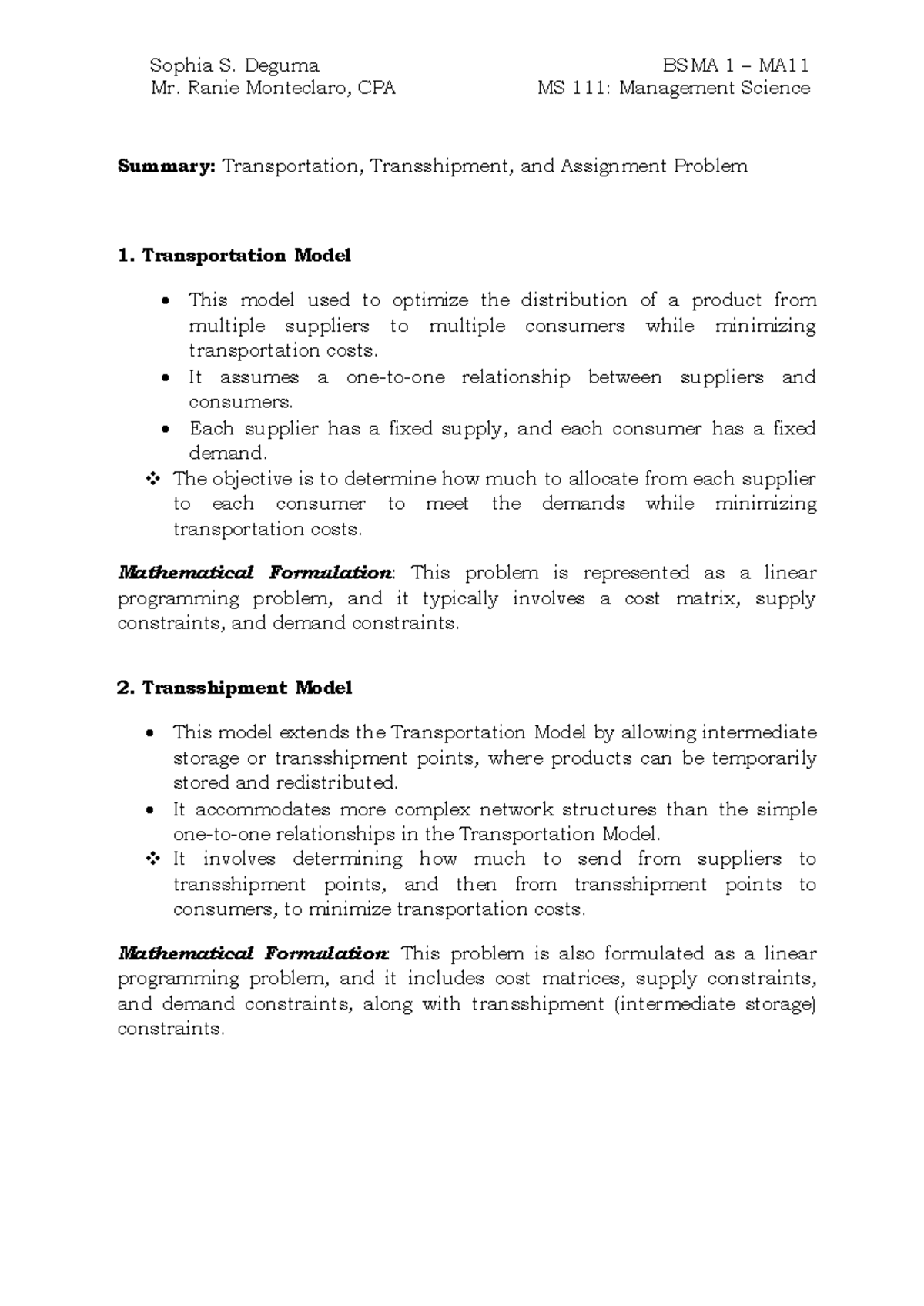 BSMA 1 MA11 MS Management Science Midterm Summary: Transportation ...