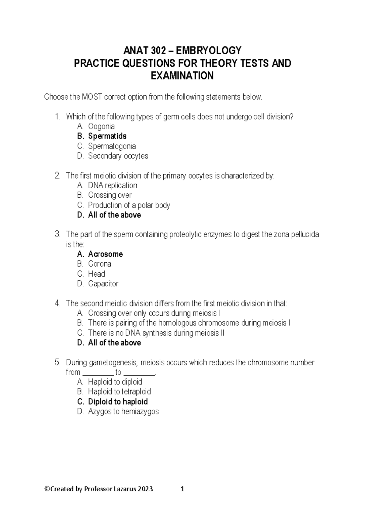 ANAT 302 - Embryology Practice MCQs for Theory Tests - Studocu