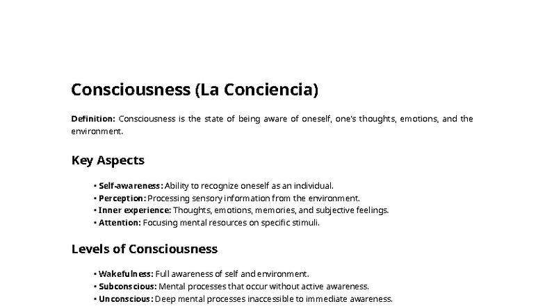 Consciousness (La Conciencia) Summary and Key Aspects - Studocu
