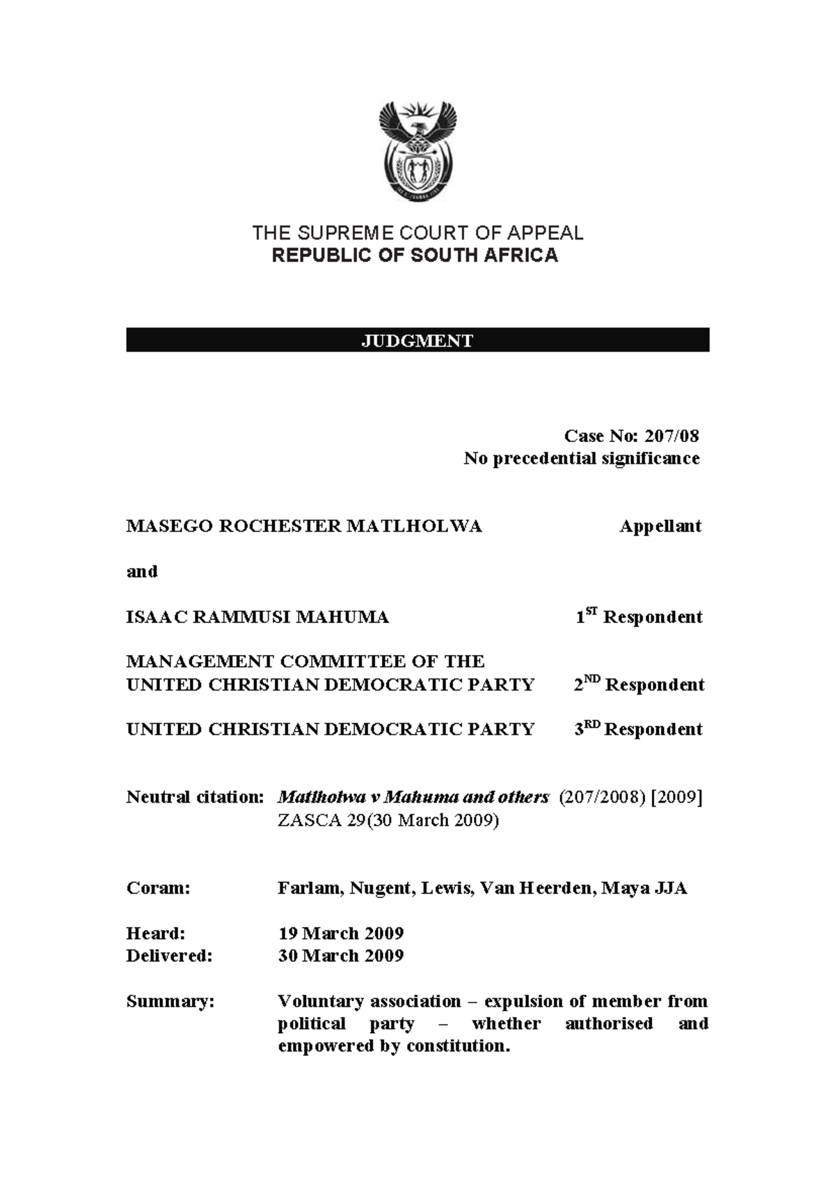 Matlholwa v Mahuma: Supreme Court Appeal Judgment Analysis (Case No ...