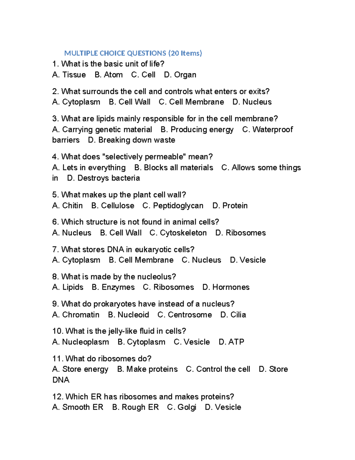 Cell Structure Quiz (BIO101) - Multiple Choice & Identification Questions - Studocu