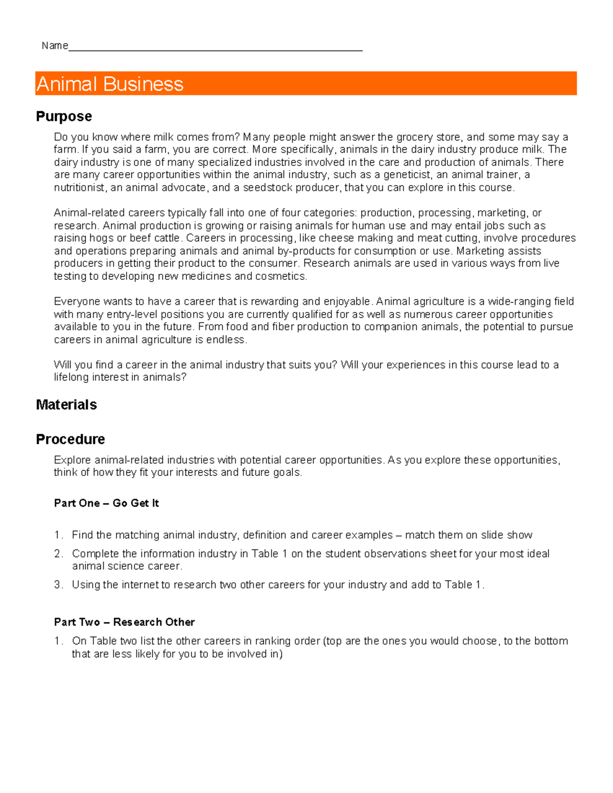 Activity Animal Business - Name ...