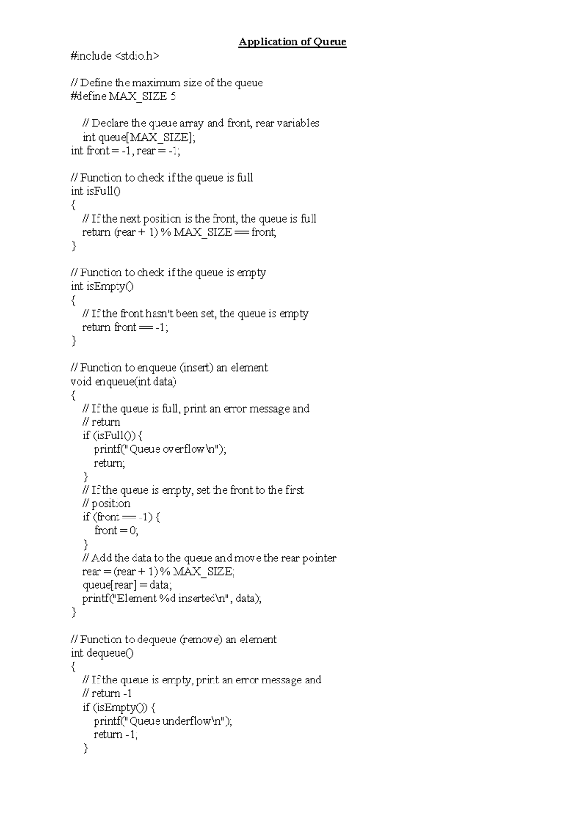 Queue Implementation in C: MAX_SIZE = 5, Enqueue & Dequeue Functions ...