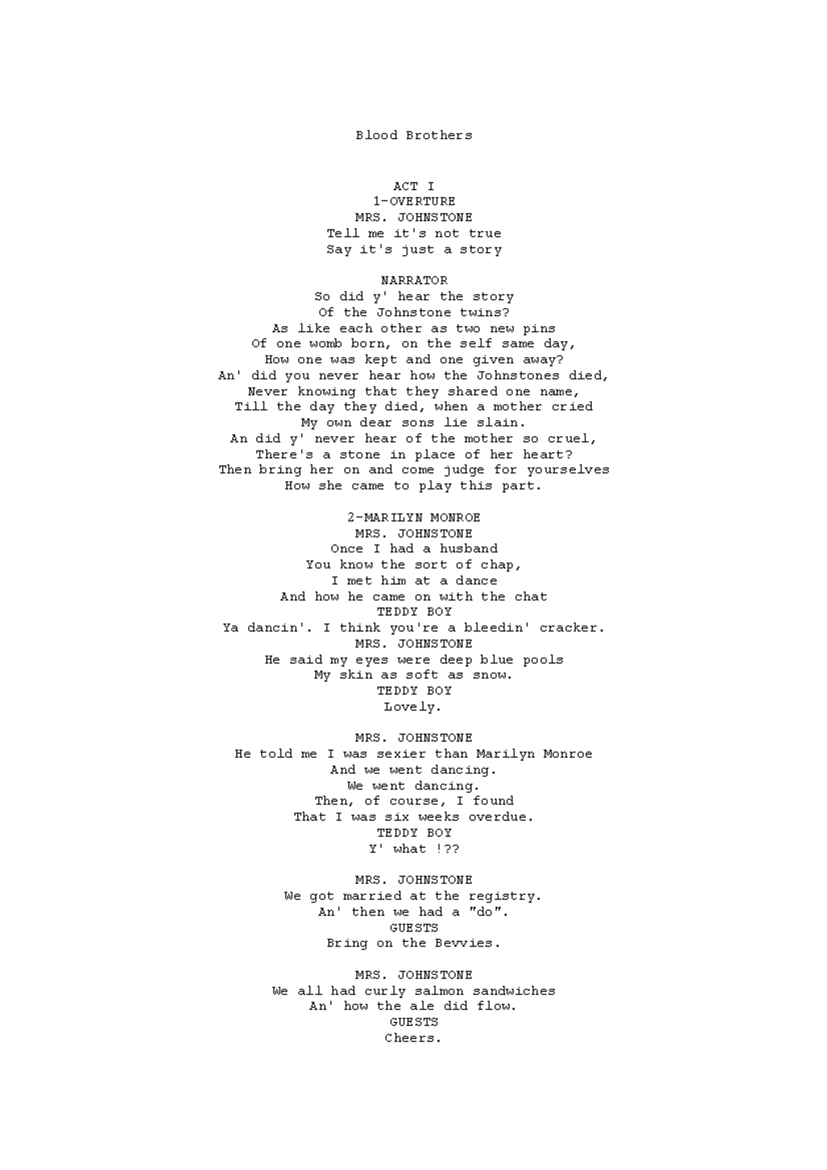 Blood Brothers Script - Act I and II Analysis - Studocu