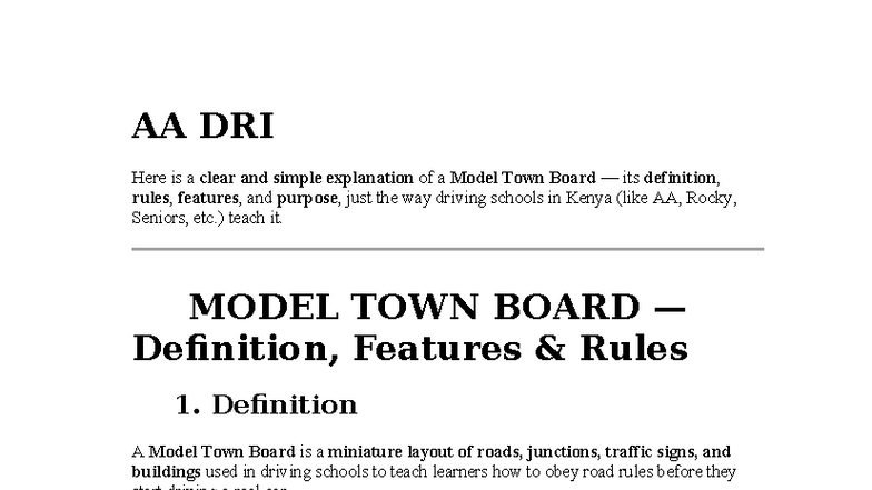 AA DRI Model Town Board: Definition, Features, and Rules - Studocu