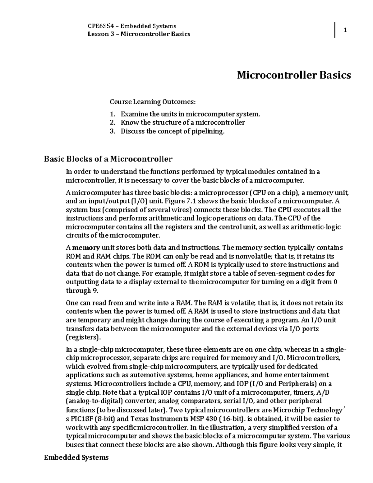 W3 Lesson 3 Microcontroller Basics Cpe6354 Embedded Systems
