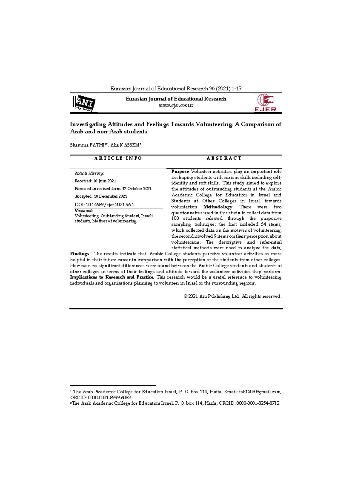 EJ1325942 - Investigating Volunteerism: Attitudes of Arab vs. Israeli ...