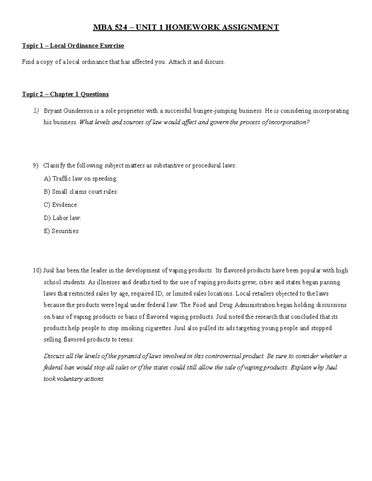 MBA 524 - Unit 1 Homework: Local Ordinance & Legal Analysis - Studocu