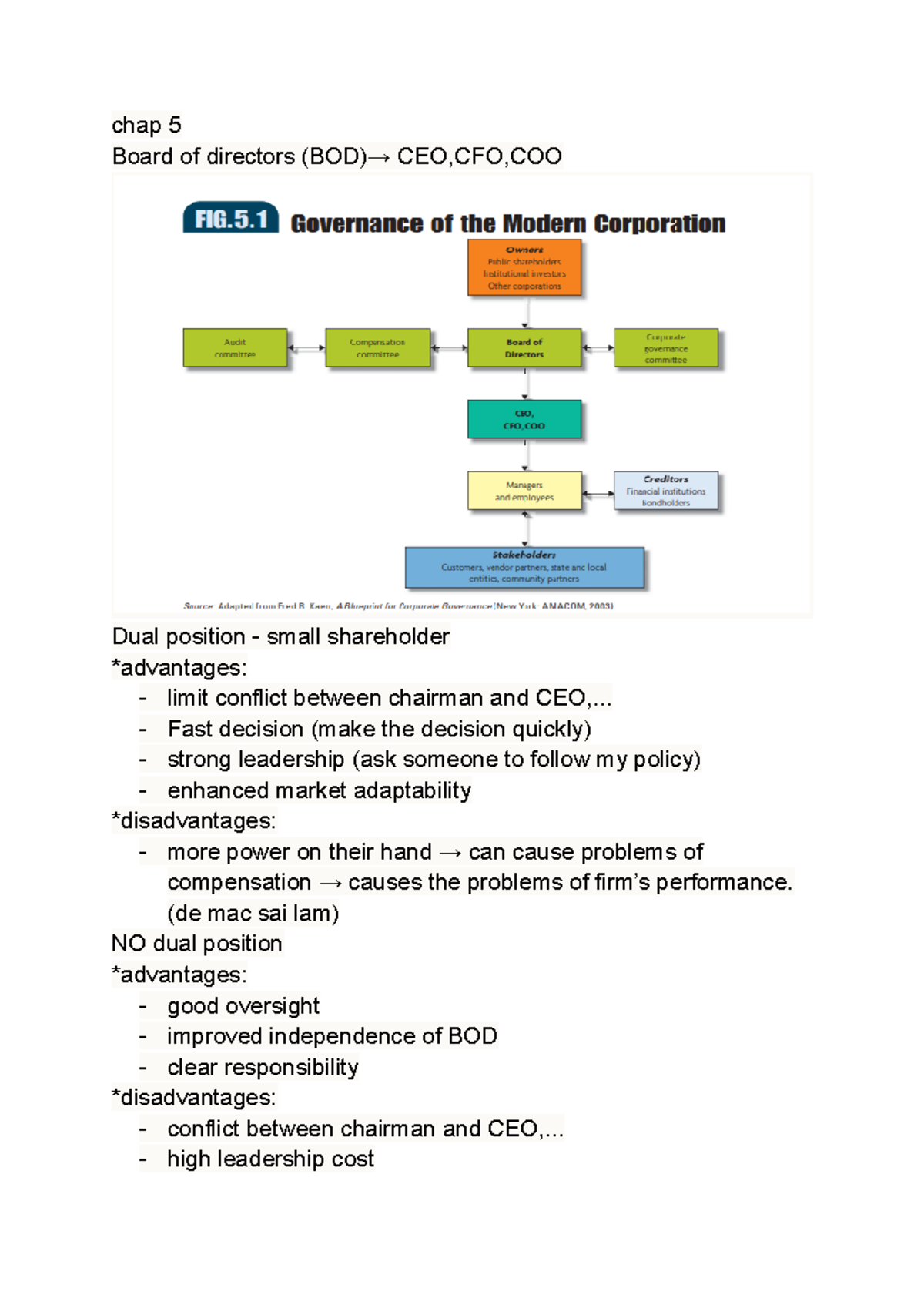 BE on thi - chap 5 Board of directors (BOD)→ CEO,CFO,COO Dual position ...