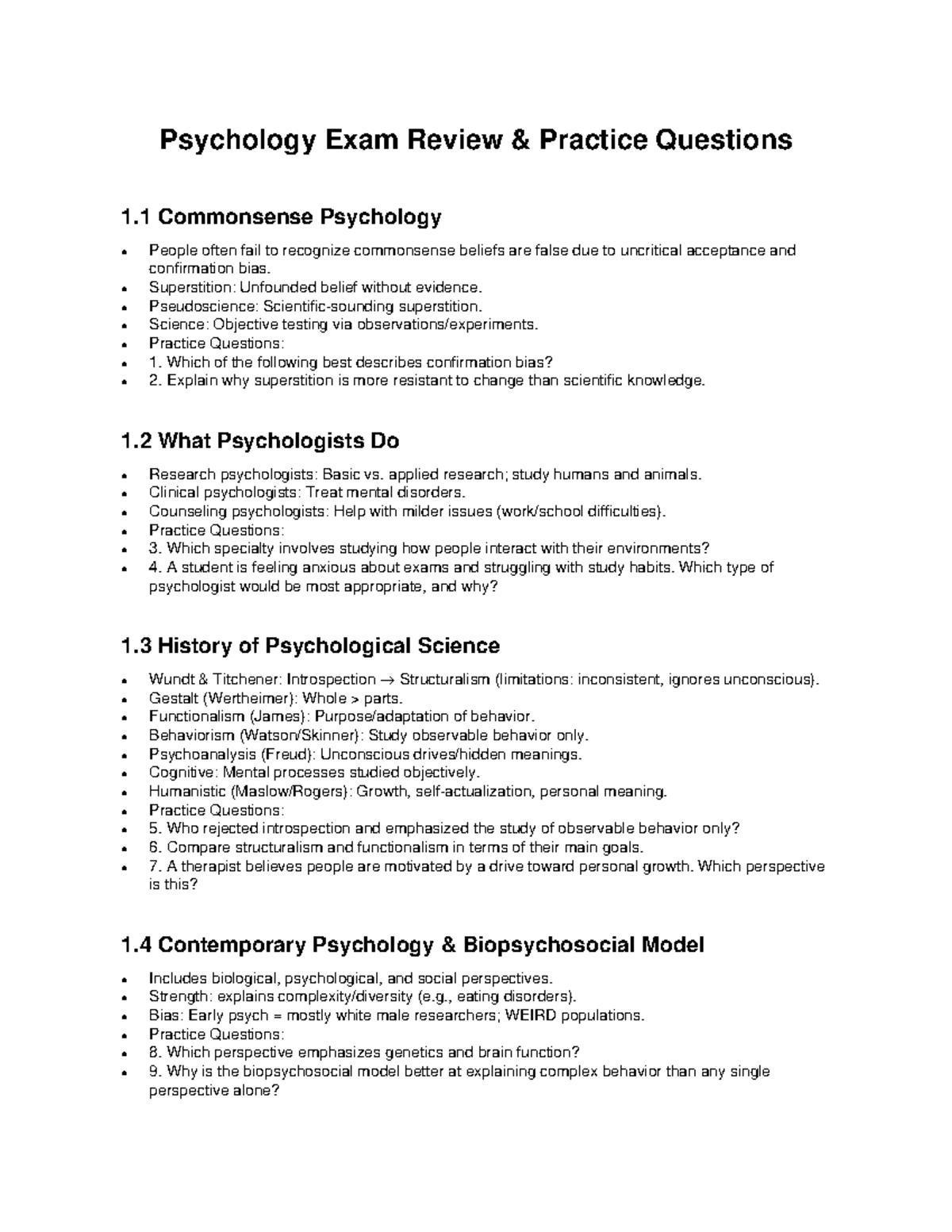 Psychology 101 Final Exam Review: Key Concepts & Practice Questions - Studocu