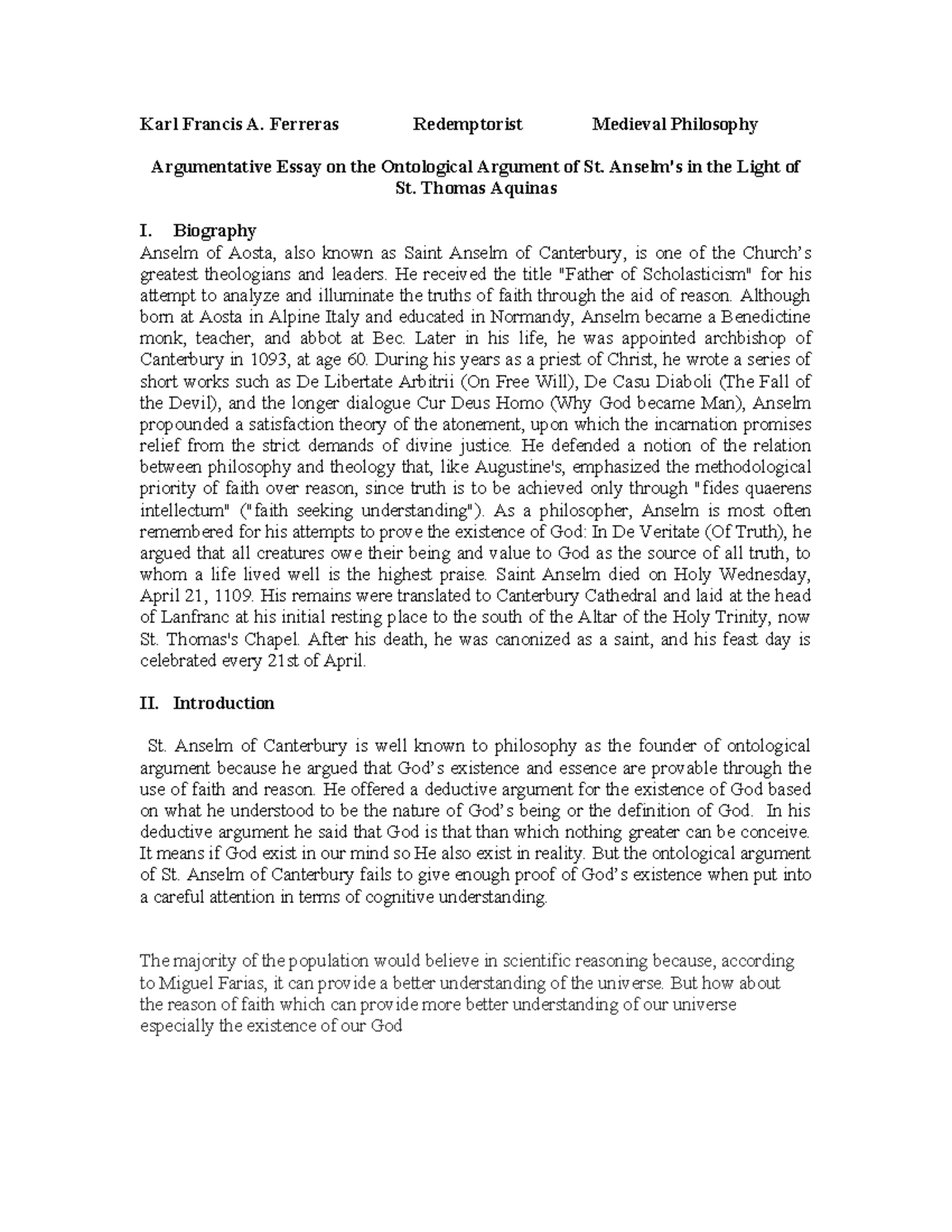 PHIL 101: Argumentative Essay on St. Anselm's Ontological Argument ...