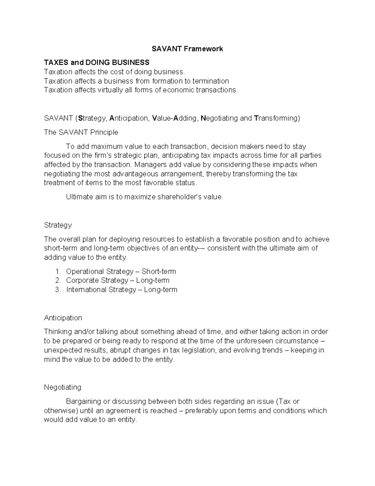 SAVANT Framework: Strategic Taxation in Business Operations - Studocu