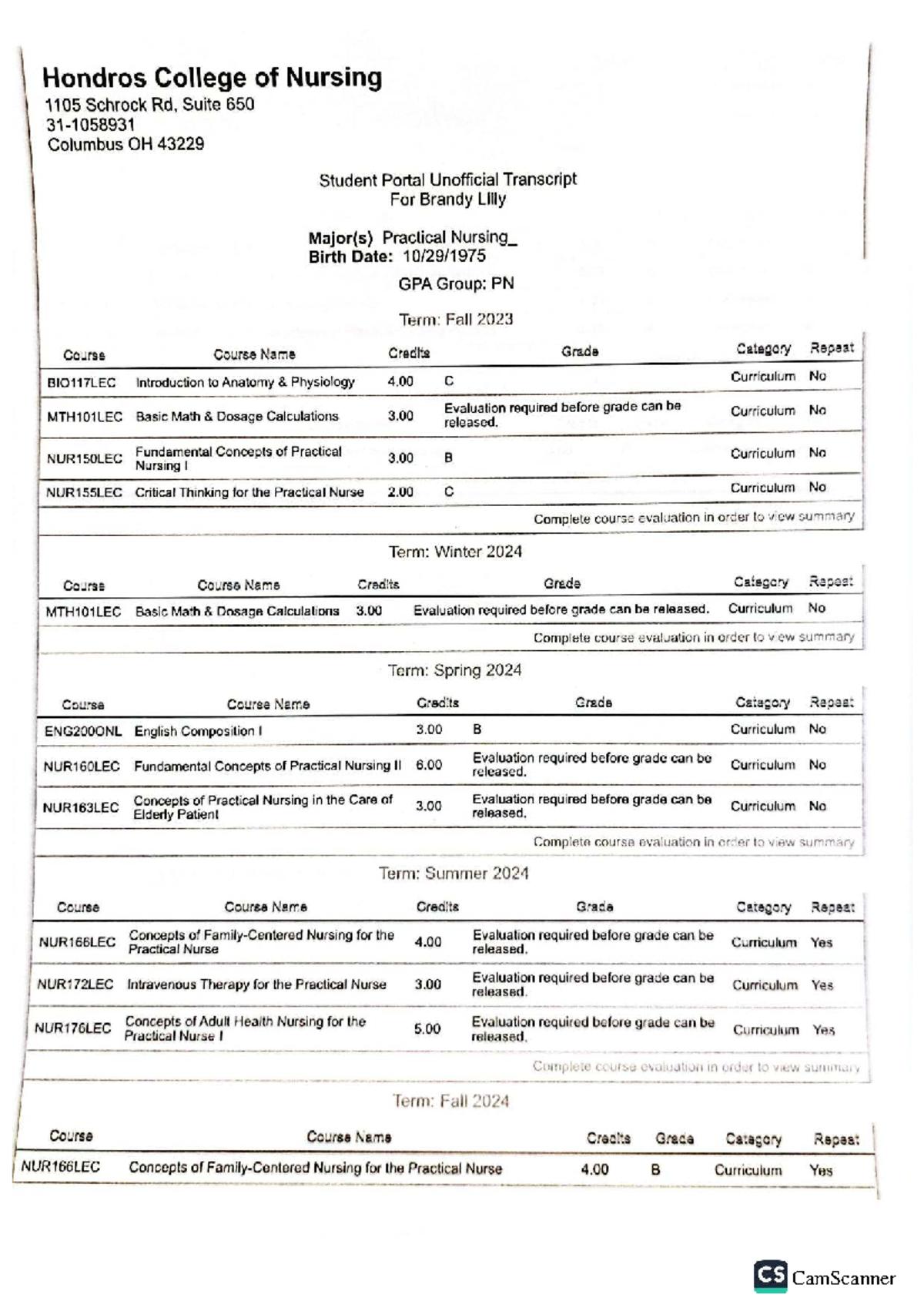 Unofficial Transcript for Brandy Lilly - PN Program (Fall 2023 - Fall ...