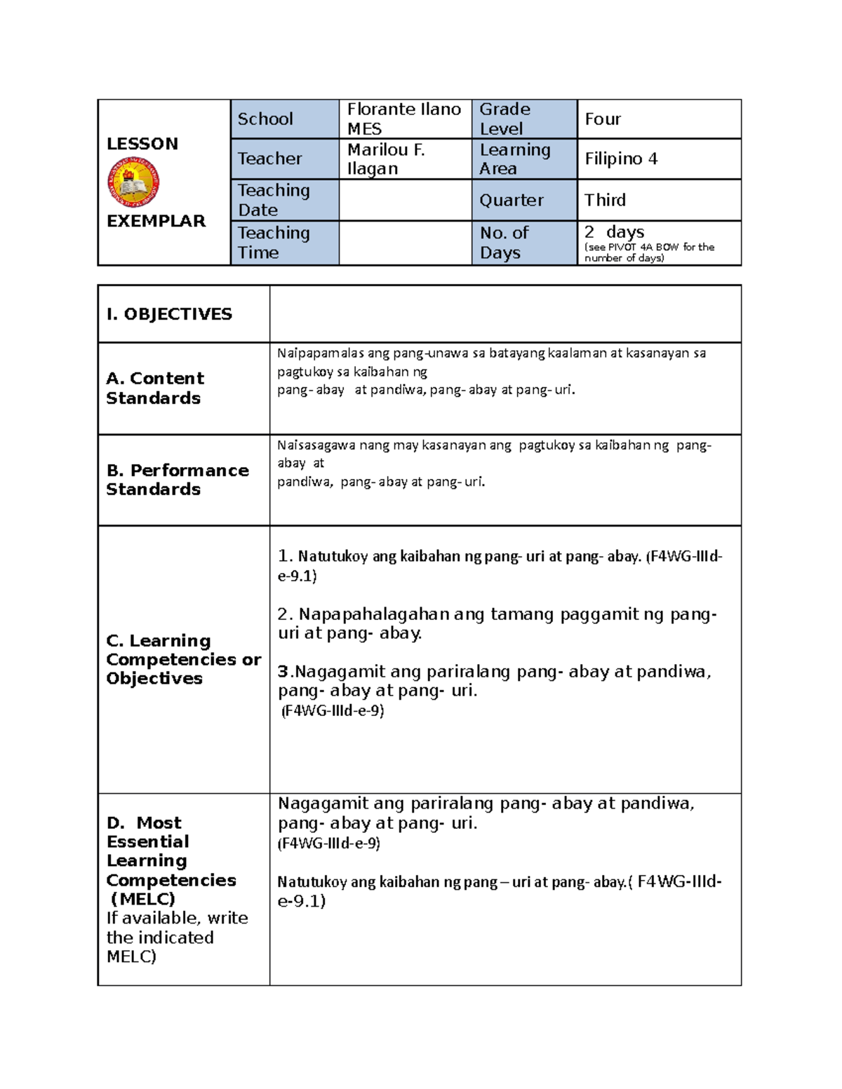 Lesson Exemplar for COT 3: Filipino 4 - Objectives and Procedures - Studocu