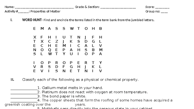Properties of Matter Activity (Grade Section) - Studocu