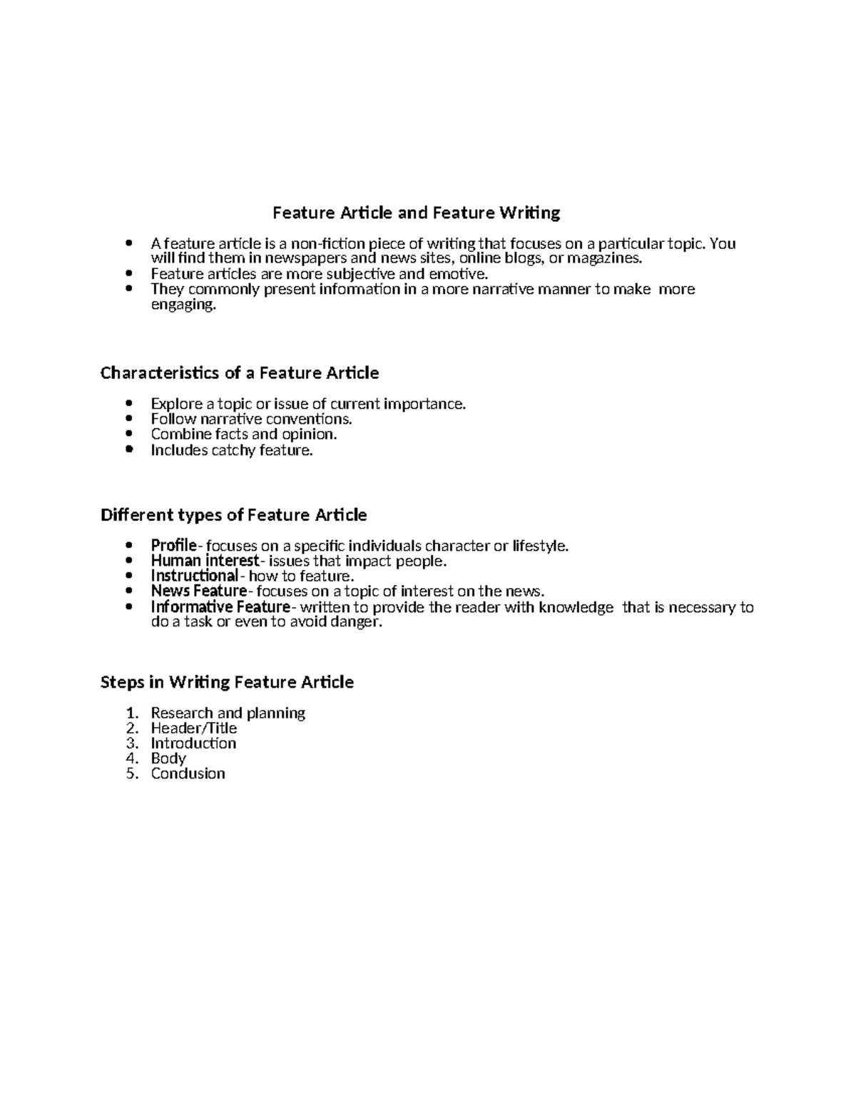 Feature Article word - Feature Article and Feature Writing A feature ...