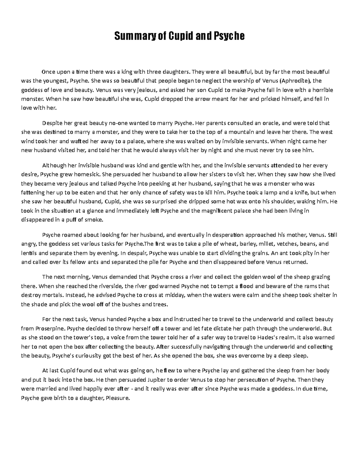 Summary of Cupid and Psyche: A Mythological Exploration - Studocu
