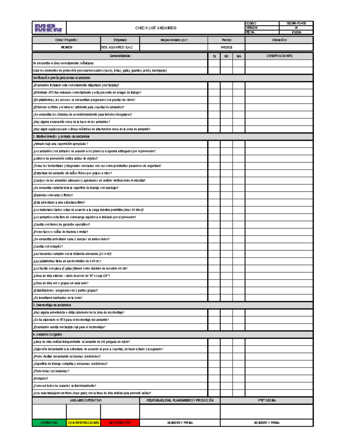 CODIGO VERSION FECHA CHECK LIST ANDAMIOS - Documento Pre Uso - Studocu