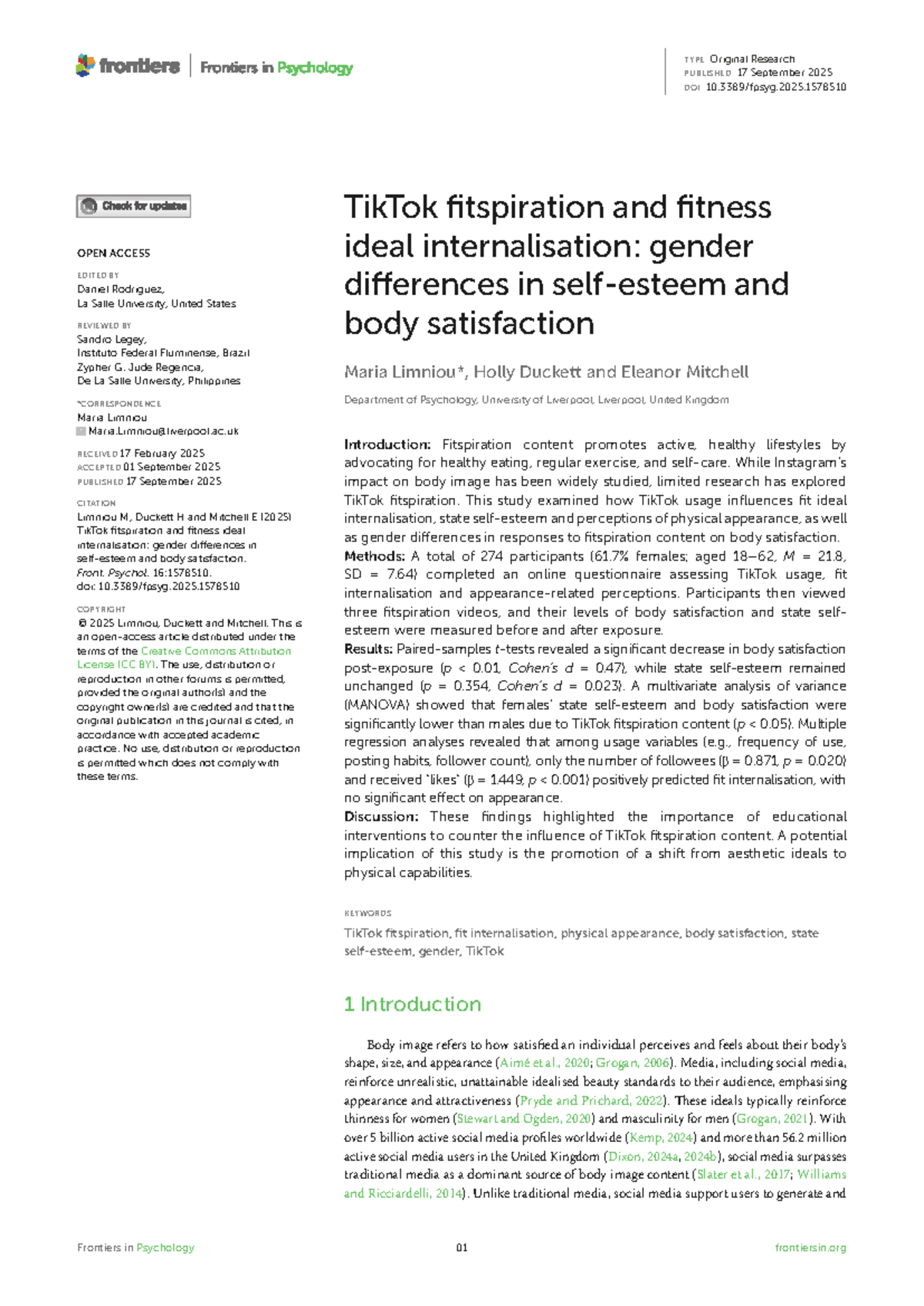 TikTok Fitspiration and Body Satisfaction: Gender Differences in Impact ...