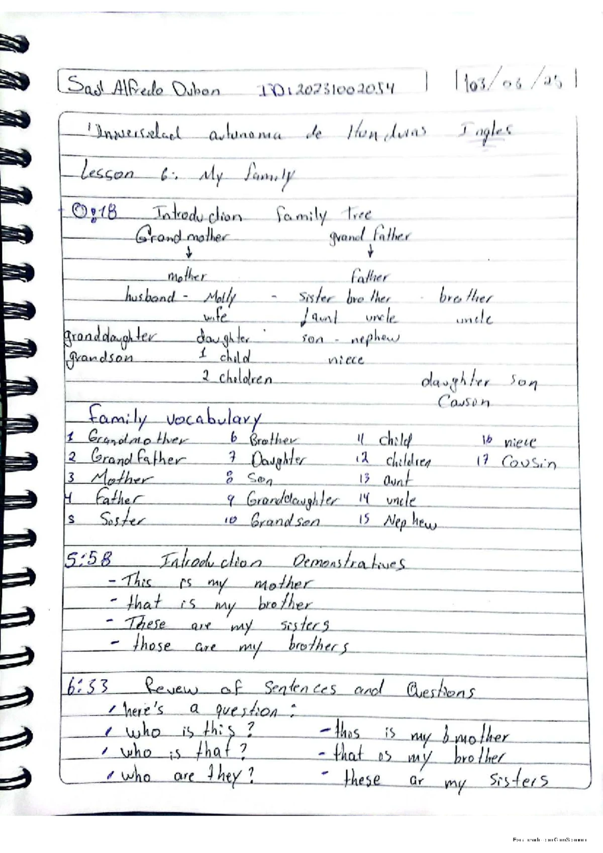 Ingles 13020231002054 - Lesson 6: My Family Vocabulary & Practice Notes ...