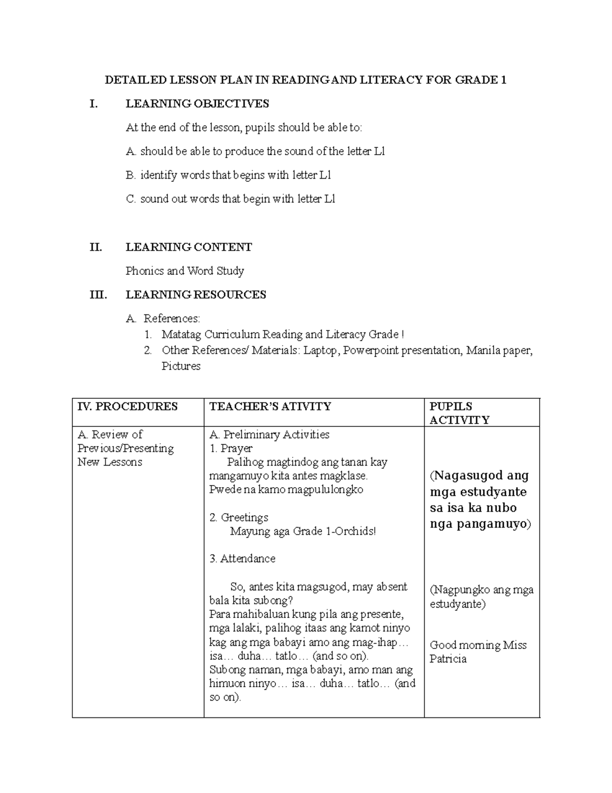 Detailed Lesson Plan: Reading & Literacy for Grade 1 - Studocu