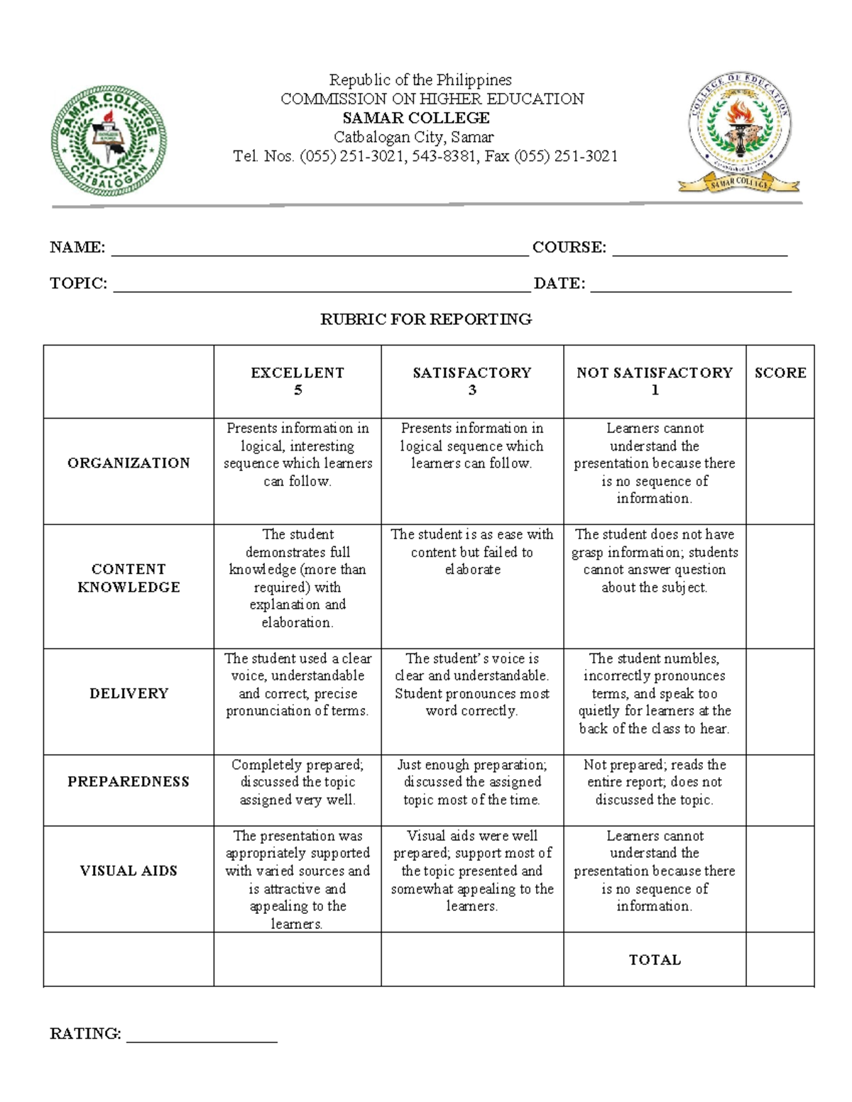 Rubric for Reporting - SAMAR COLLEGE Evaluation Criteria - Studocu