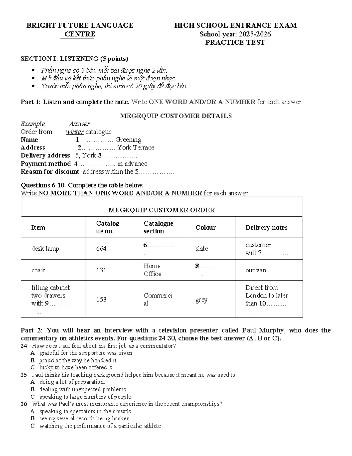 BRIGHT FUTURE LANGUAGE CENTRE HIGH SCHOOL ENTRANCE EXAM PRACTICE TEST ...