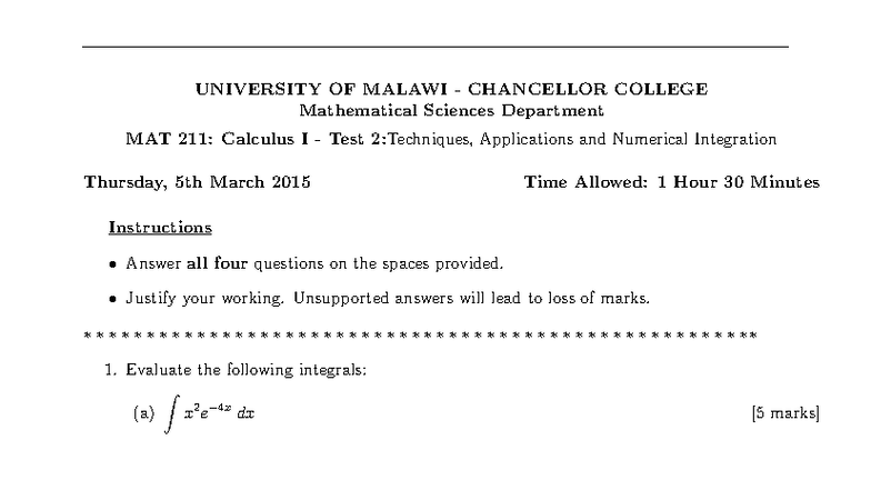 MAT 211: Calculus I Test 2 - Techniques & Applications (2015) - Studocu