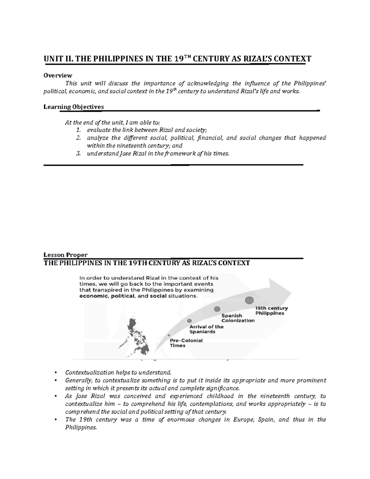 UNIT II: 19TH CENTURY PHILIPPINES AS RIZAL'S CONTEXT Overview - Studocu