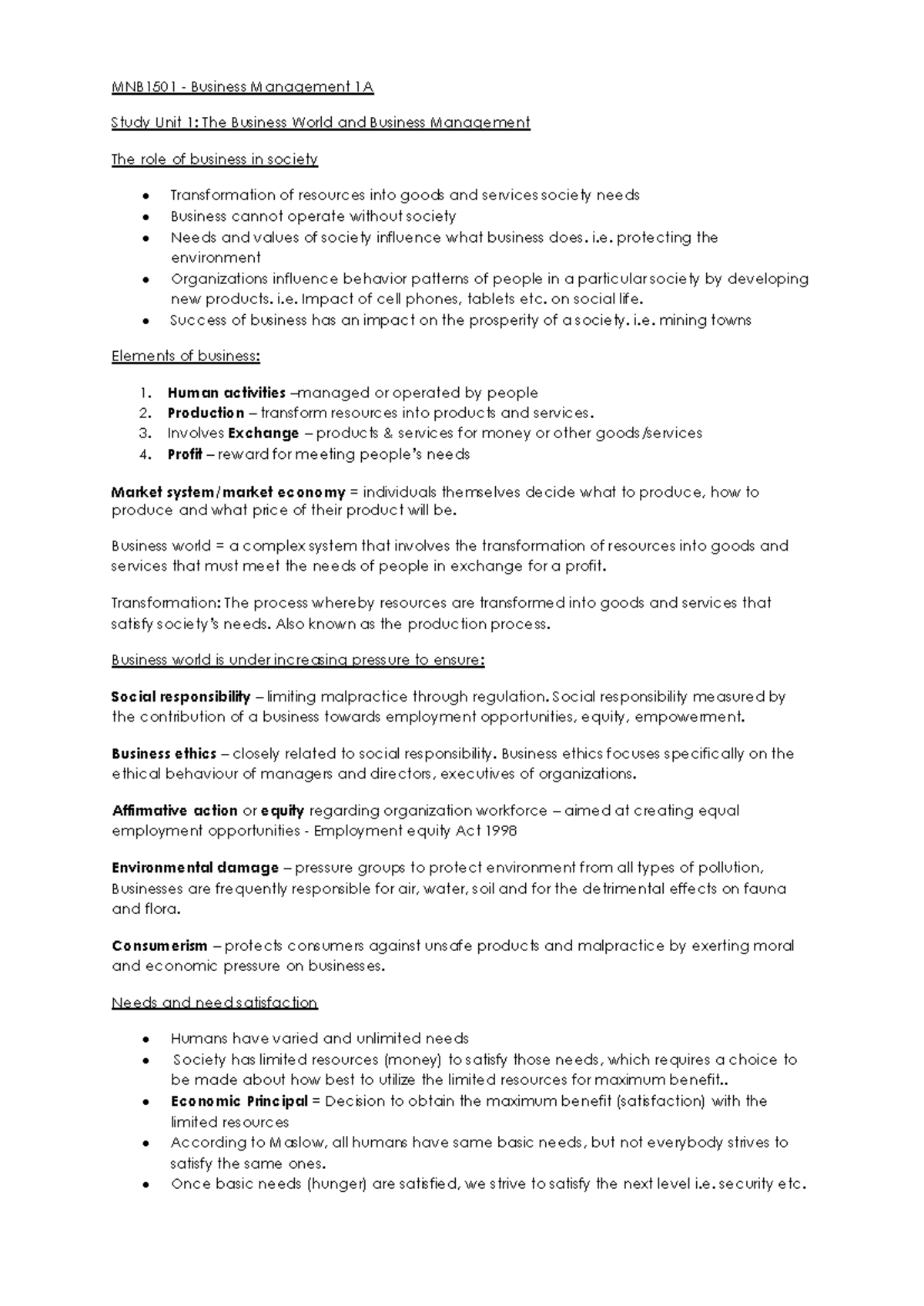 MNB1501 Business Management 1A Chapter 1-10 Summary Notes 2019 - Studocu