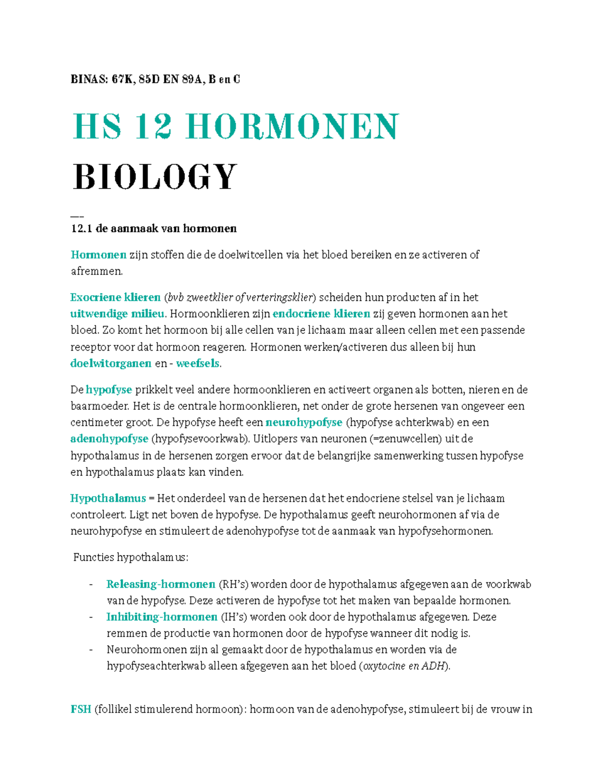 Bio HS 12 - Samenvatting van Hormonen en Hun Functies - Studeersnel