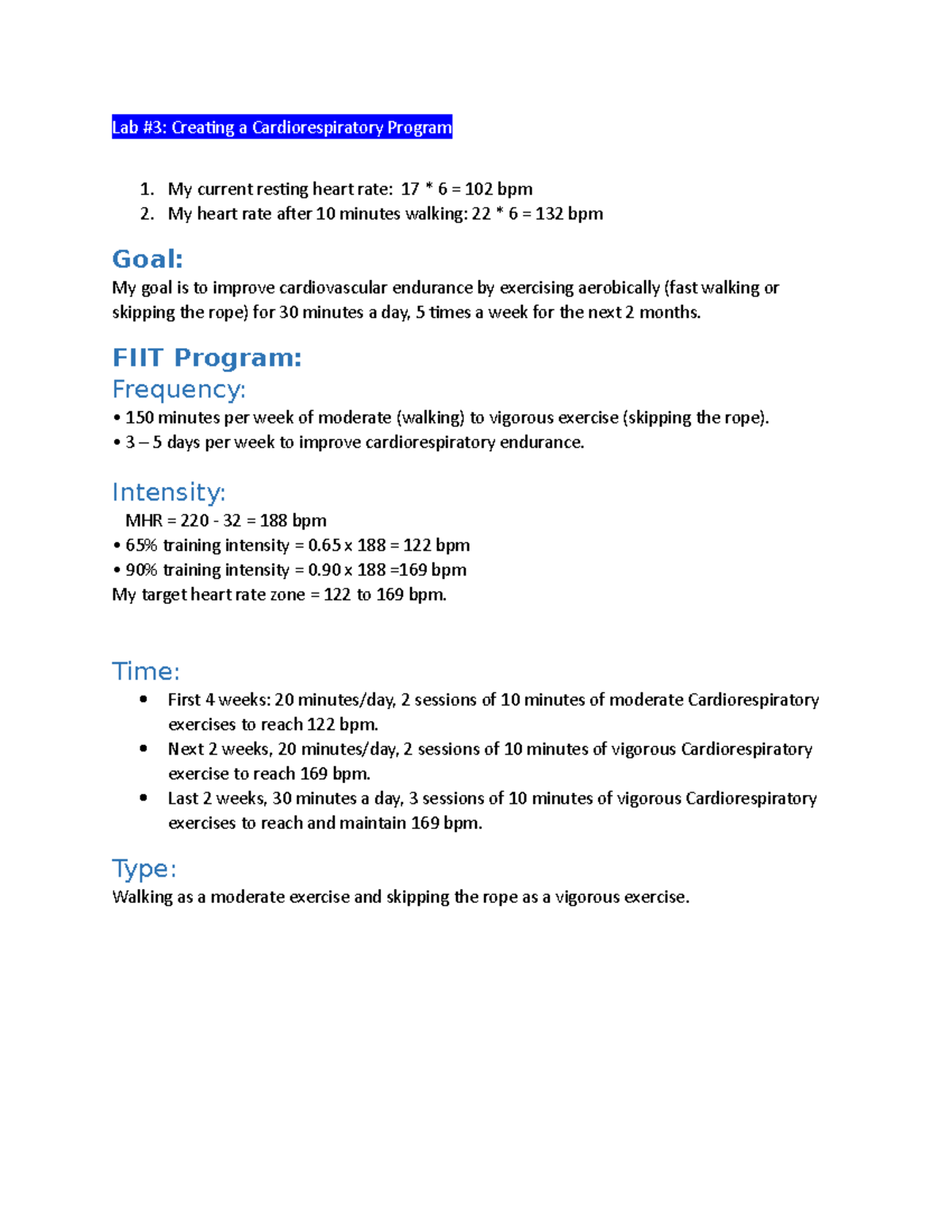 Lab #3 - Copy - lab 3 - Lab #3: Creating a Cardiorespiratory Program My ...