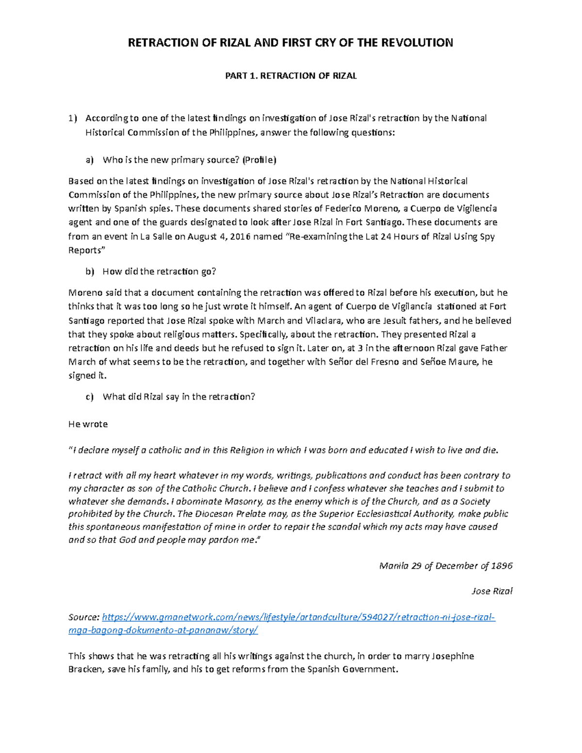 Rizal's Retraction & The First Cry of Revolution: A Historical Analysis ...