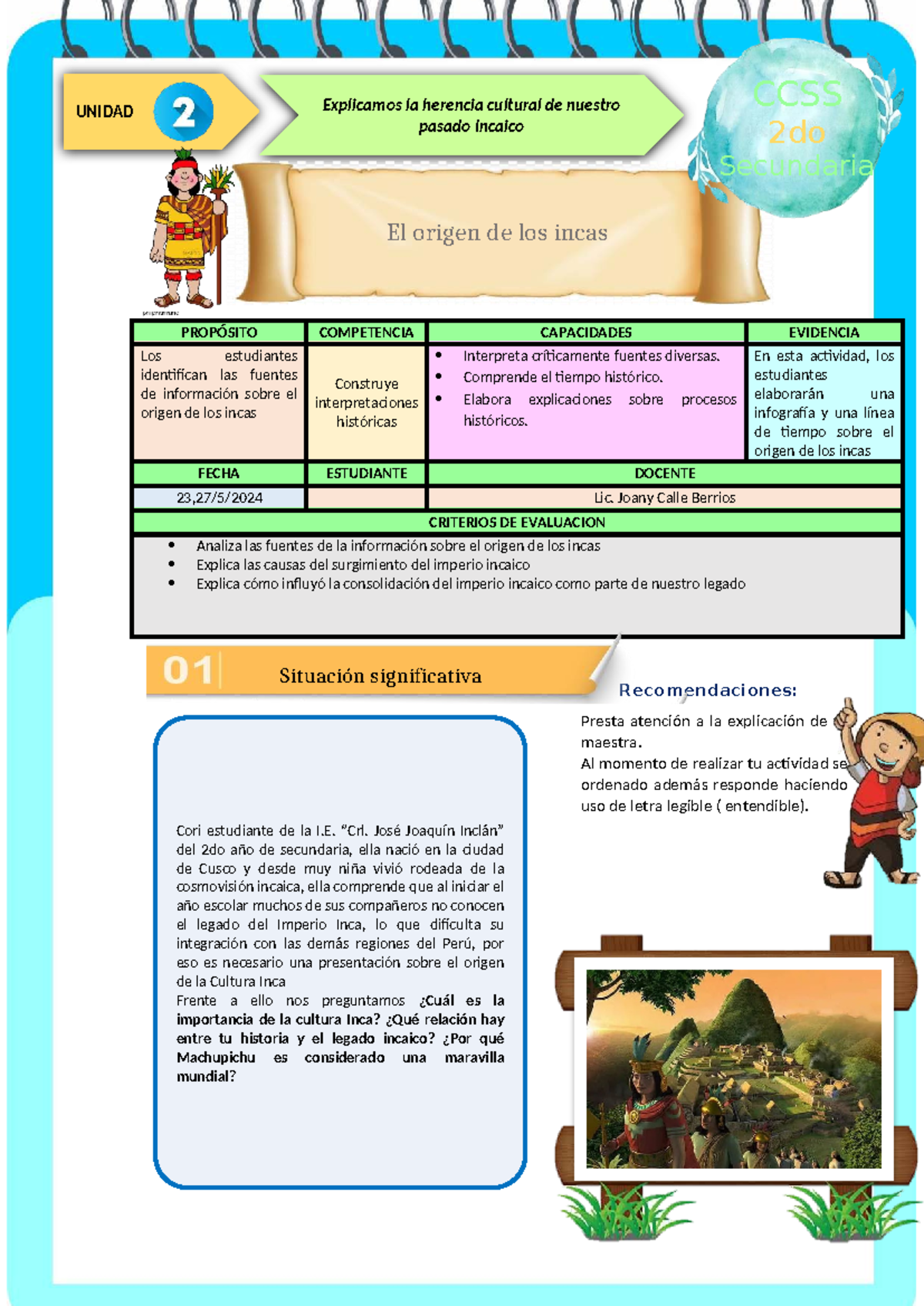 CCSS Unidad 2: Herencia Cultural Inca y su Origen en Secundaria - Studocu