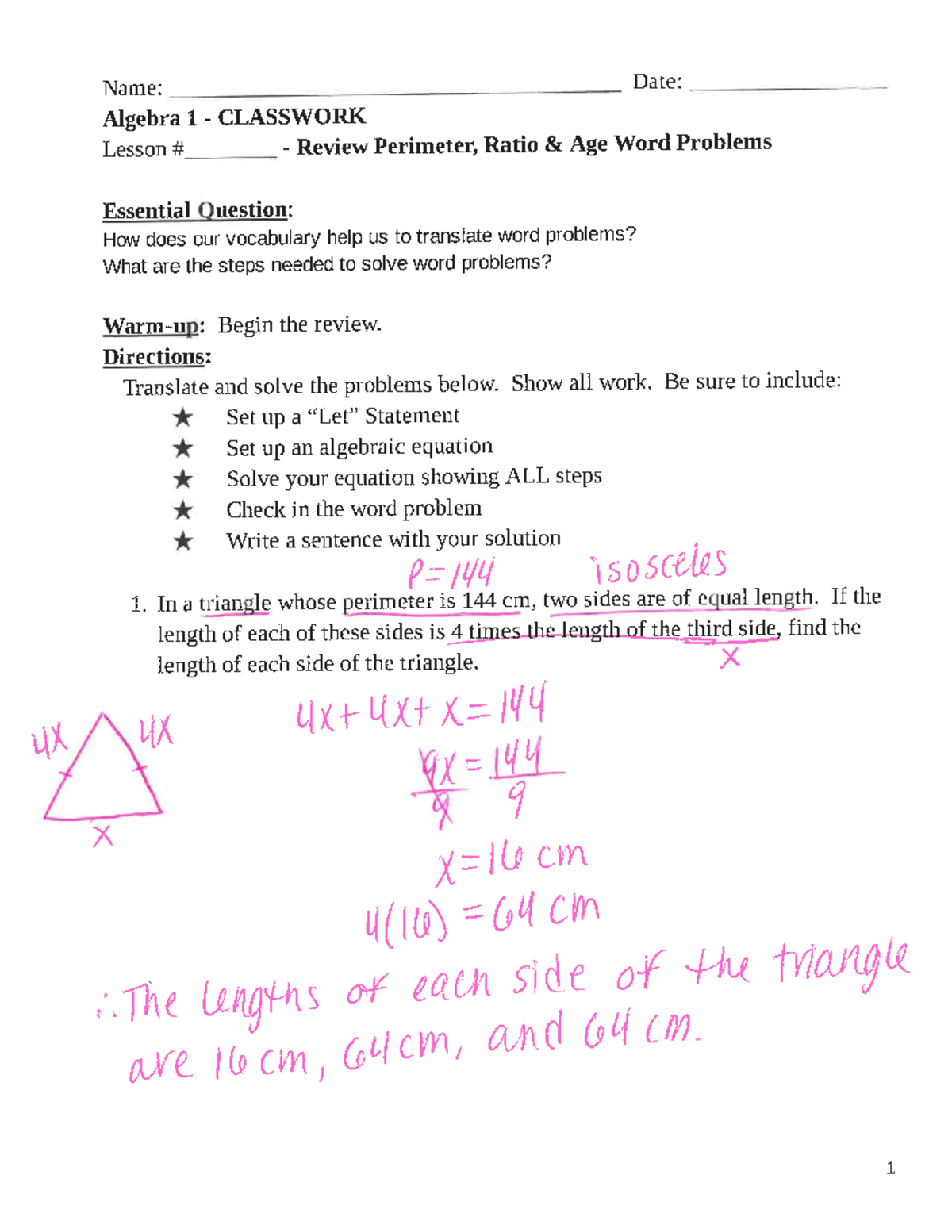 Final Exam Review Notes for ABC123: Algebra 1 Word Problems - Studocu