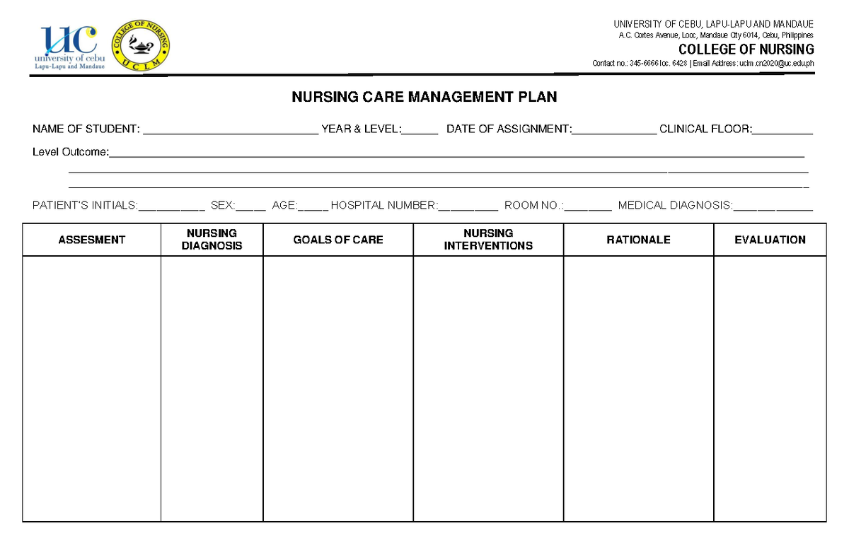 Nursing CARE Management PLAN FORM 2 - - Studocu