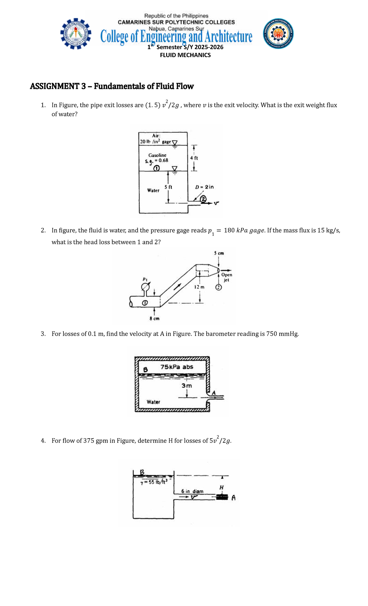 1st Semester FLUID MECHANICS ASSIGNMENT 3: Fluid Flow Analysis - Studocu