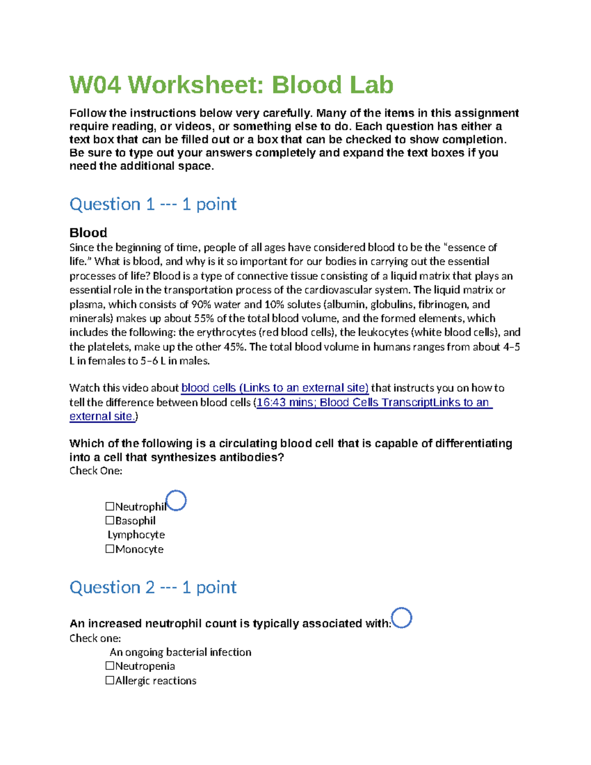WORKSHEET WEEK 09 - W04 Worksheet: Blood Lab Follow the instructions ...