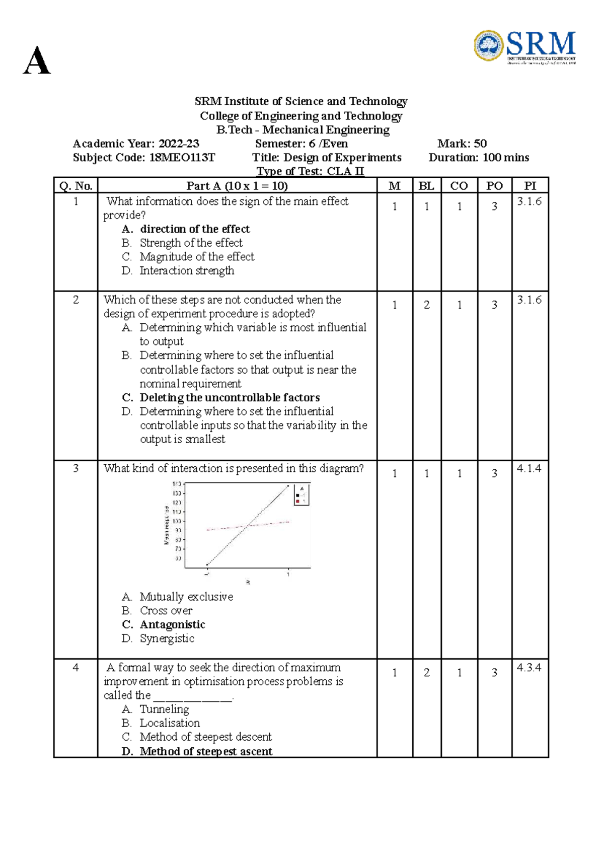 Design of Experiments (DOE) Test - B.Tech Mechanical Engg 18MEO113T ...