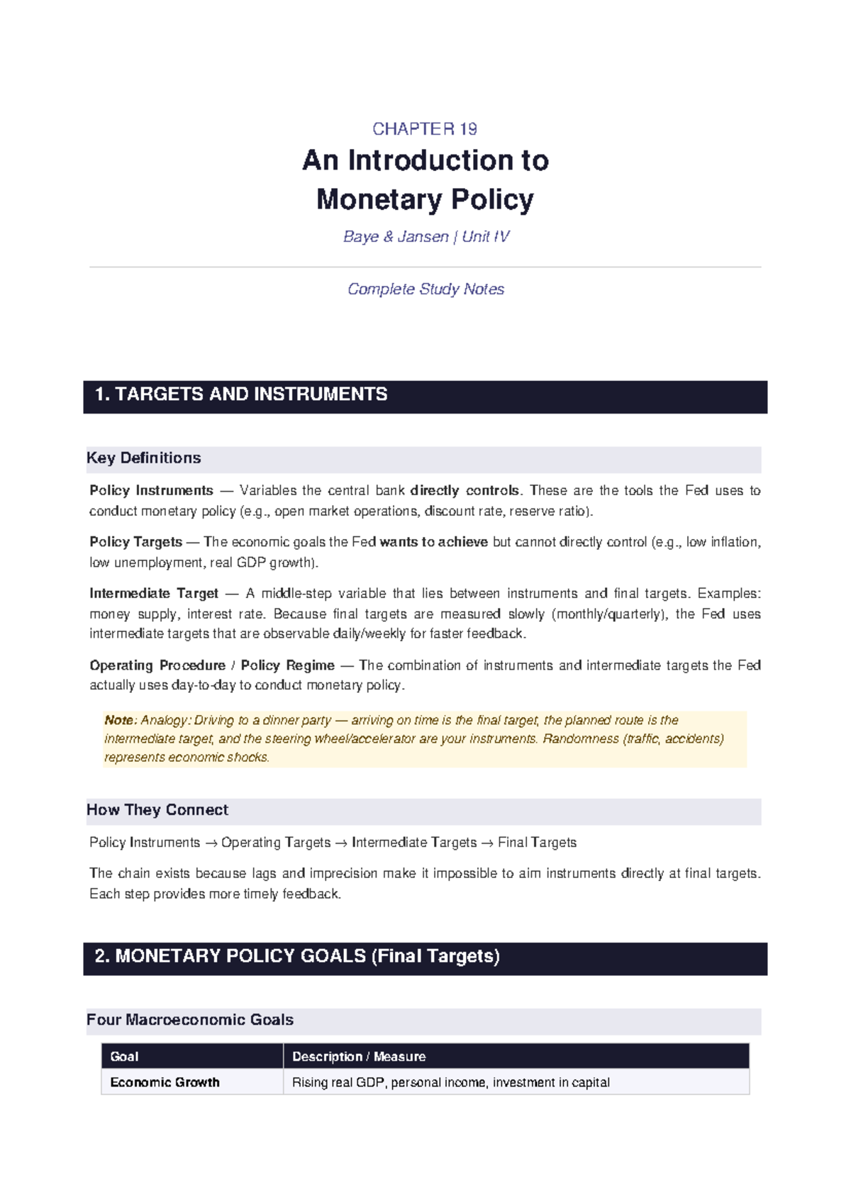 CHAPTER 19 Monetary Policy: Comprehensive Study Notes for Unit IV - Studocu