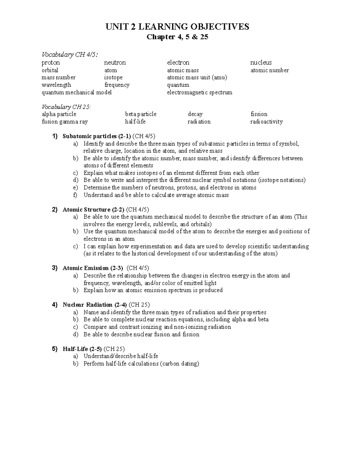 Unit 2 Learning Objectives: Atomic Structure & Nuclear Radiation (CH 4 ...