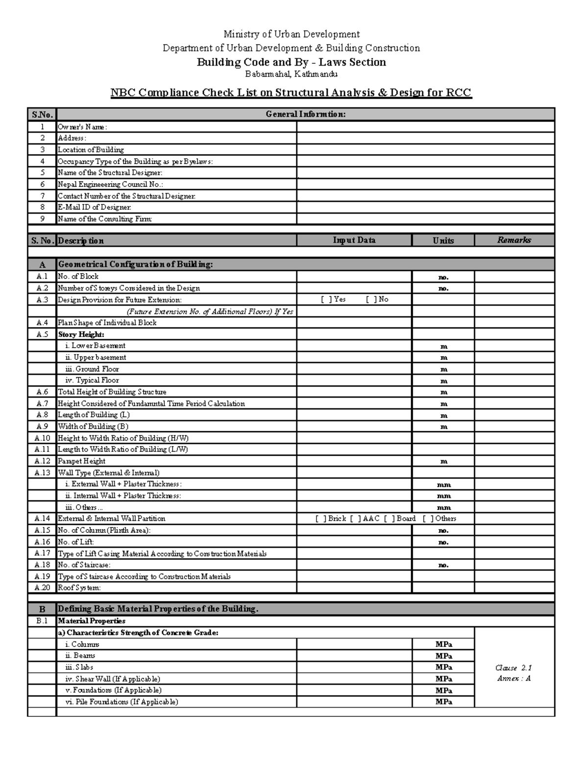 RCC Compliance Checklist for Structural Analysis (NBC 105:2020) - Studocu